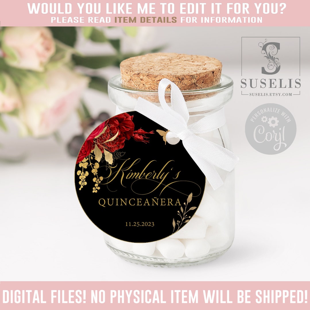 Editable Quinceanera Tag, Thank You, Red Roses Flowers, Gift Tag, Mis ...