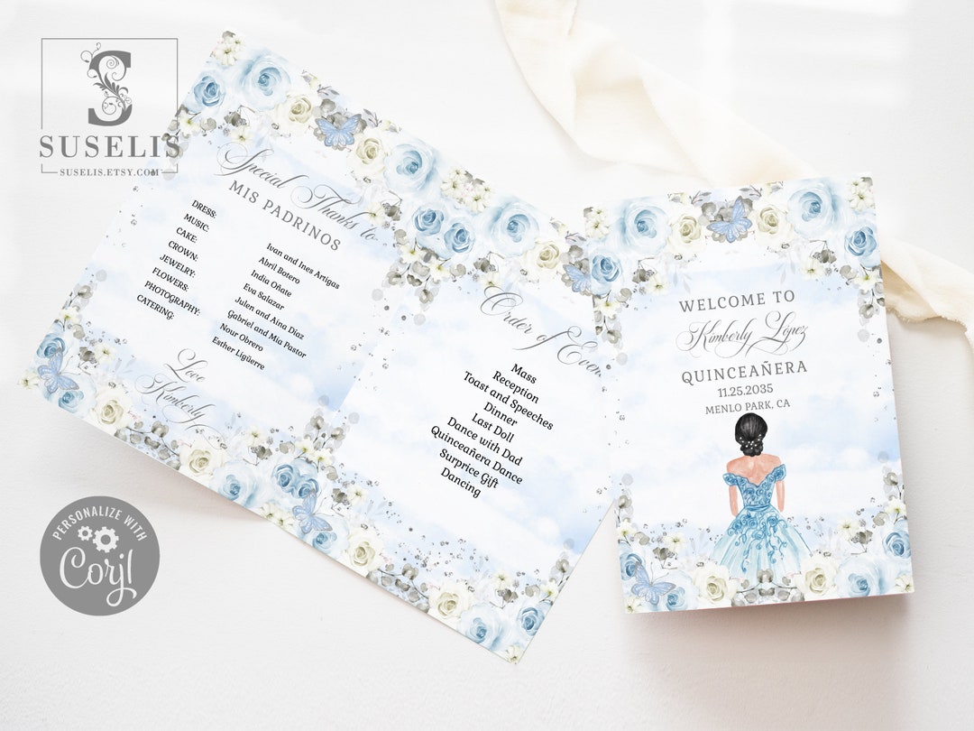 EDITABLE Bi-fold Quinceanera Program Template, Baby Blue Flowers ...