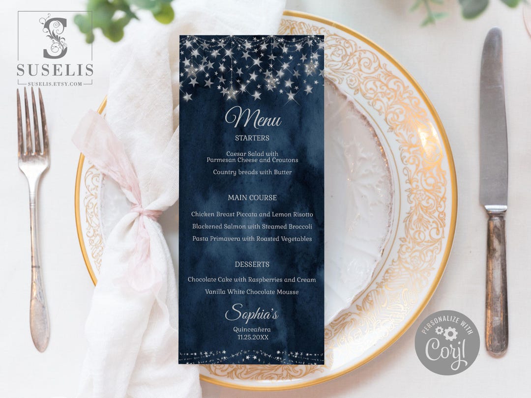 EDITABLE Template, Menu, Starry Night, Quinceanera, Blue Under the ...