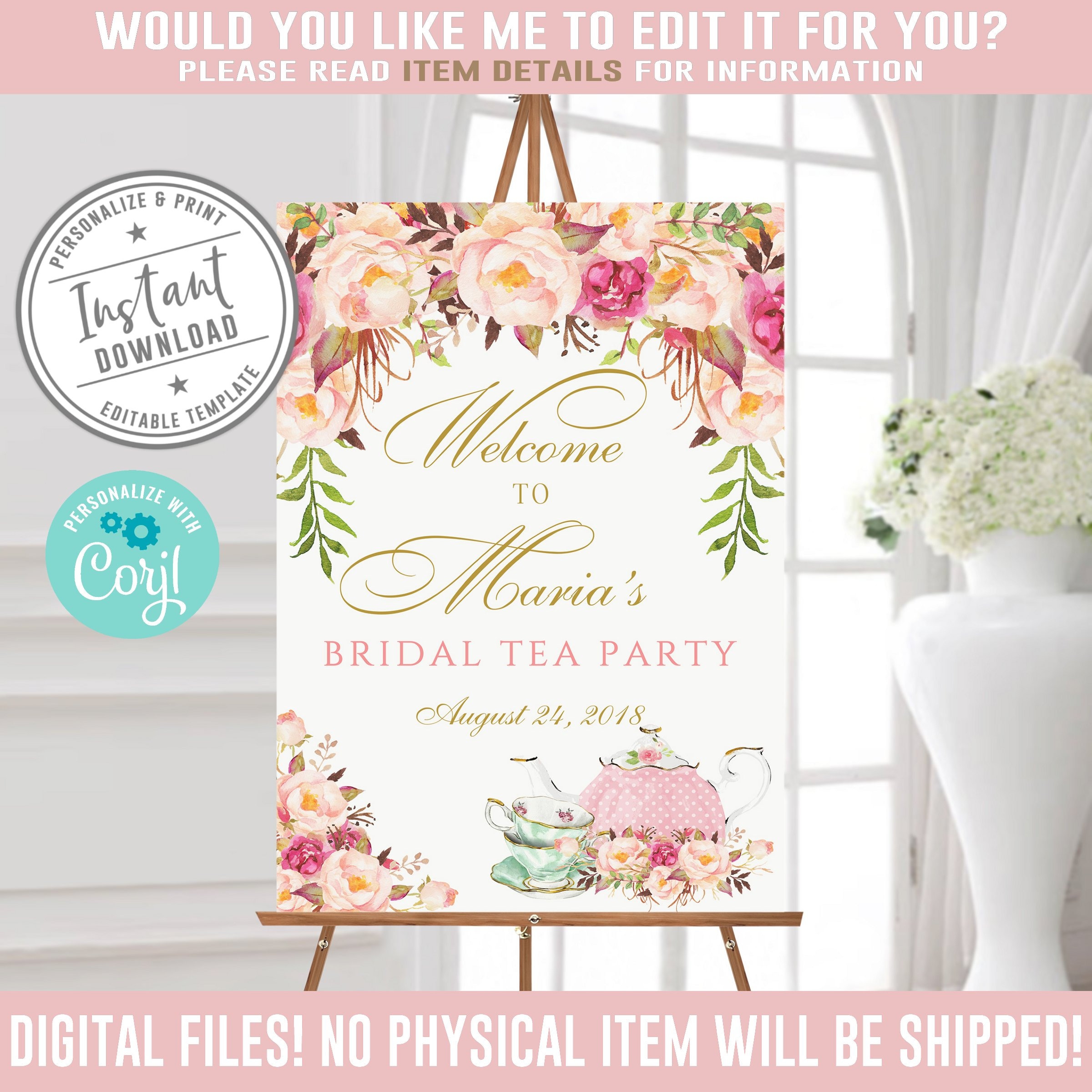Editable Welcome to Tea Party Bridal Shower sign Corjl | Etsy
