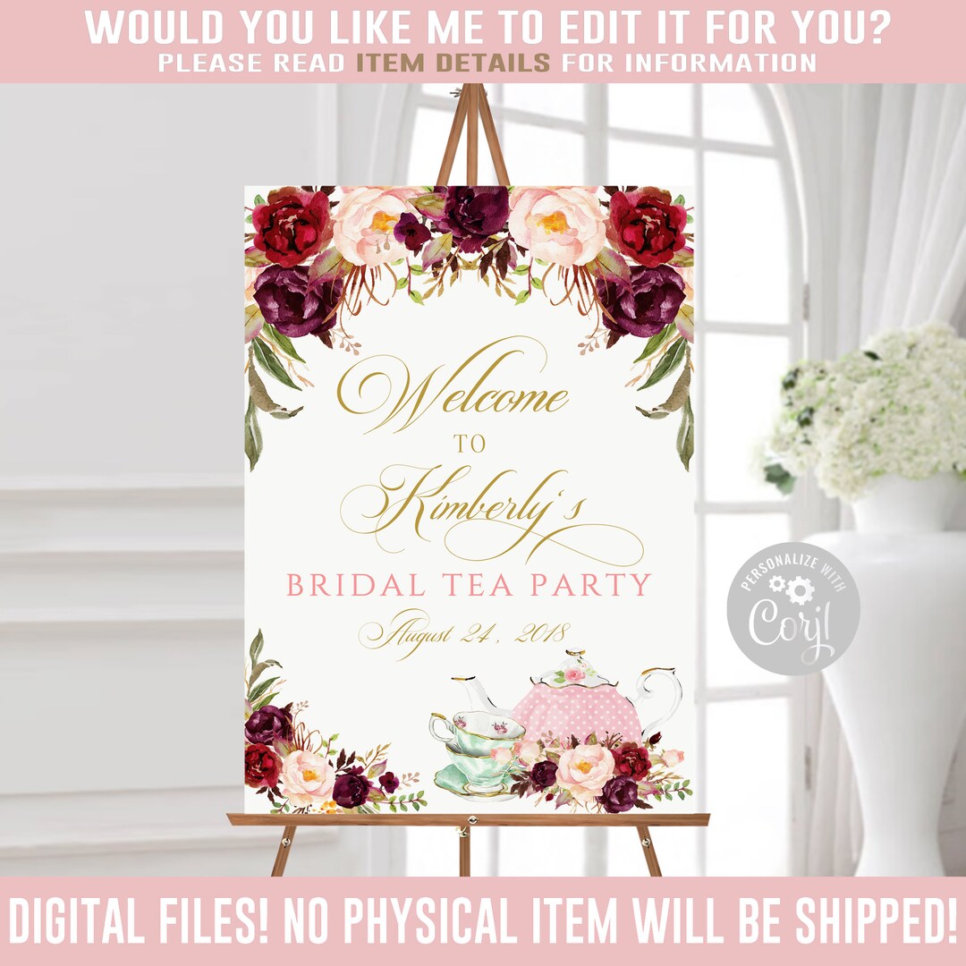 Editable Welcome to Tea Party, Bridal Shower Sign, Corjl Template ...