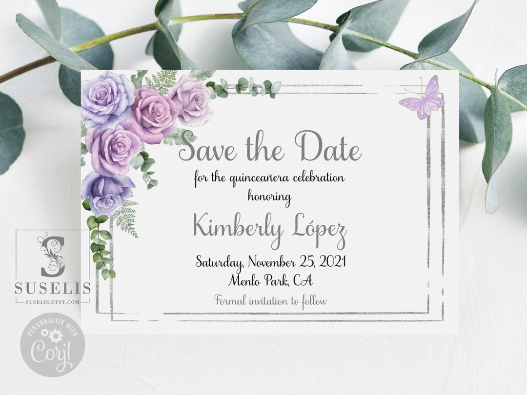 Editable Save the Date Card Template, Silver Purple Flowers ...