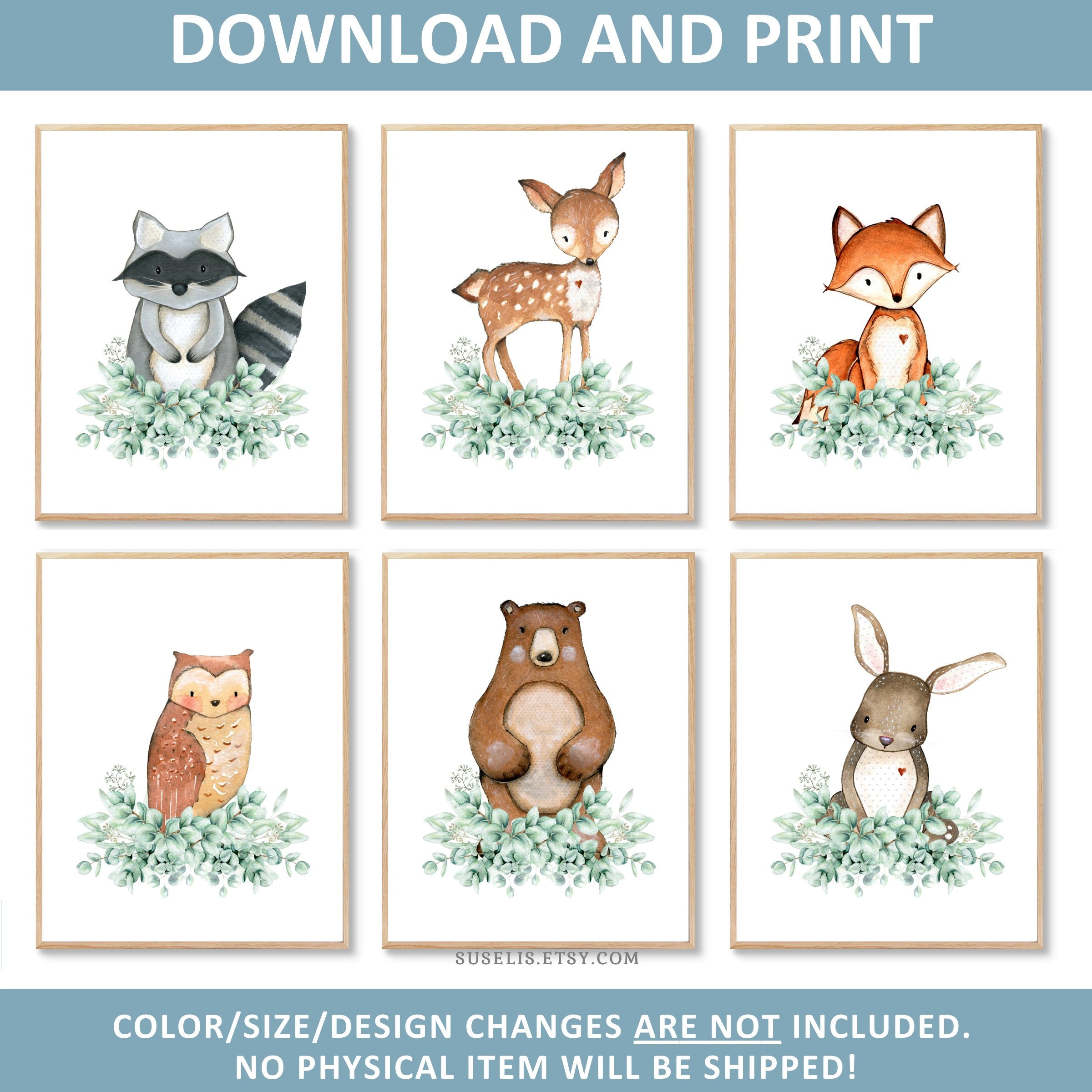 Woodland Animals Greenery Prints 6 Printable Watercolor | Etsy