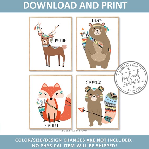 Woodland Tribal Animals Prints Printable Set of 4 Nursery | Etsy