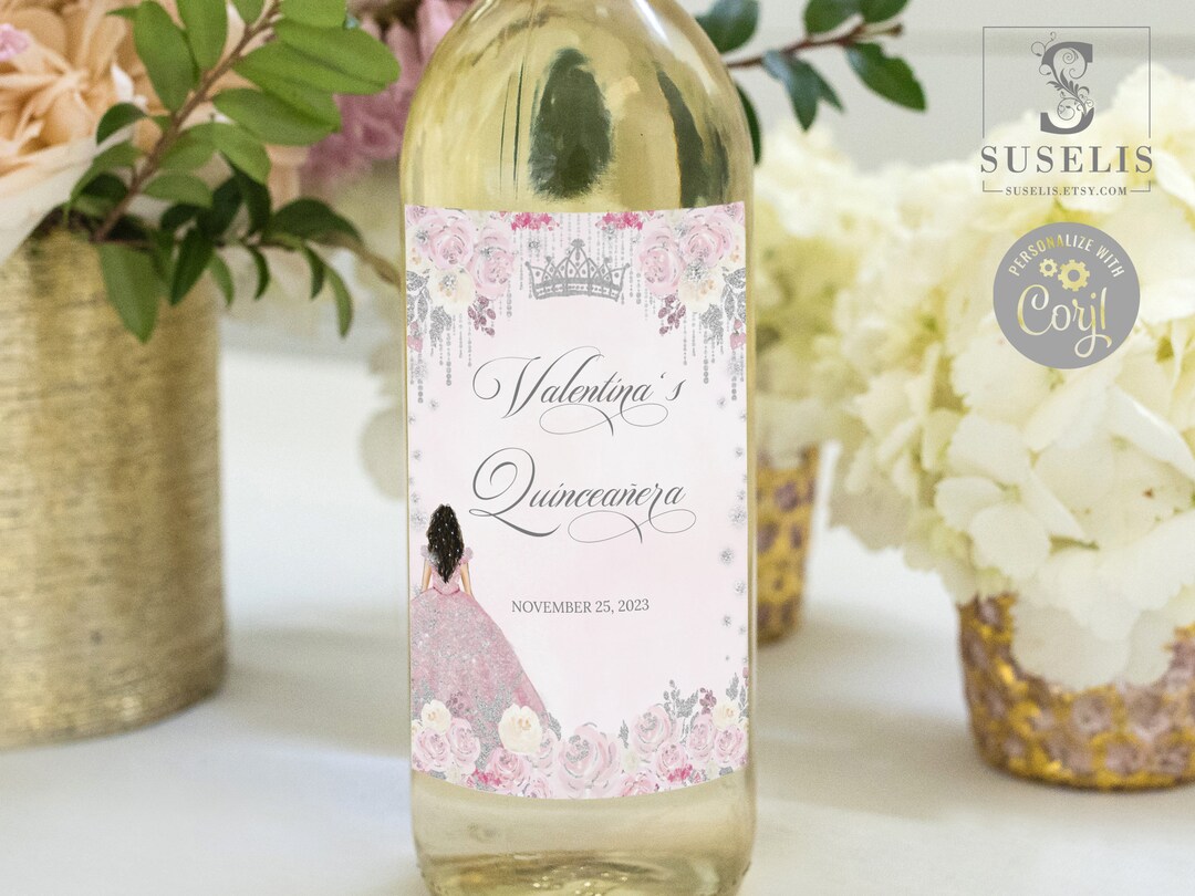 EDITABLE Quinceañera Wine Bottle Labels, Blush Pink Flowers, Mis Quince ...