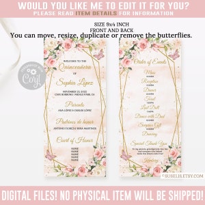 EDITABLE Program Template Quinceañera Blush Flowers Butterfly 15th ...