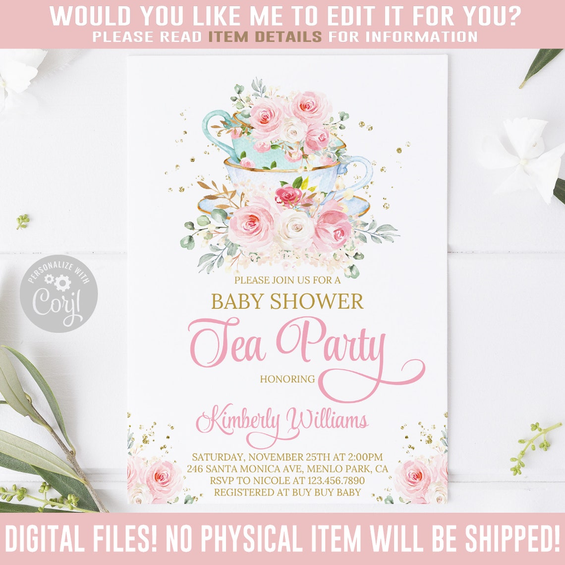 EDITABLE Tea Party Baby Shower Sprinkle Invitation Corjl | Etsy