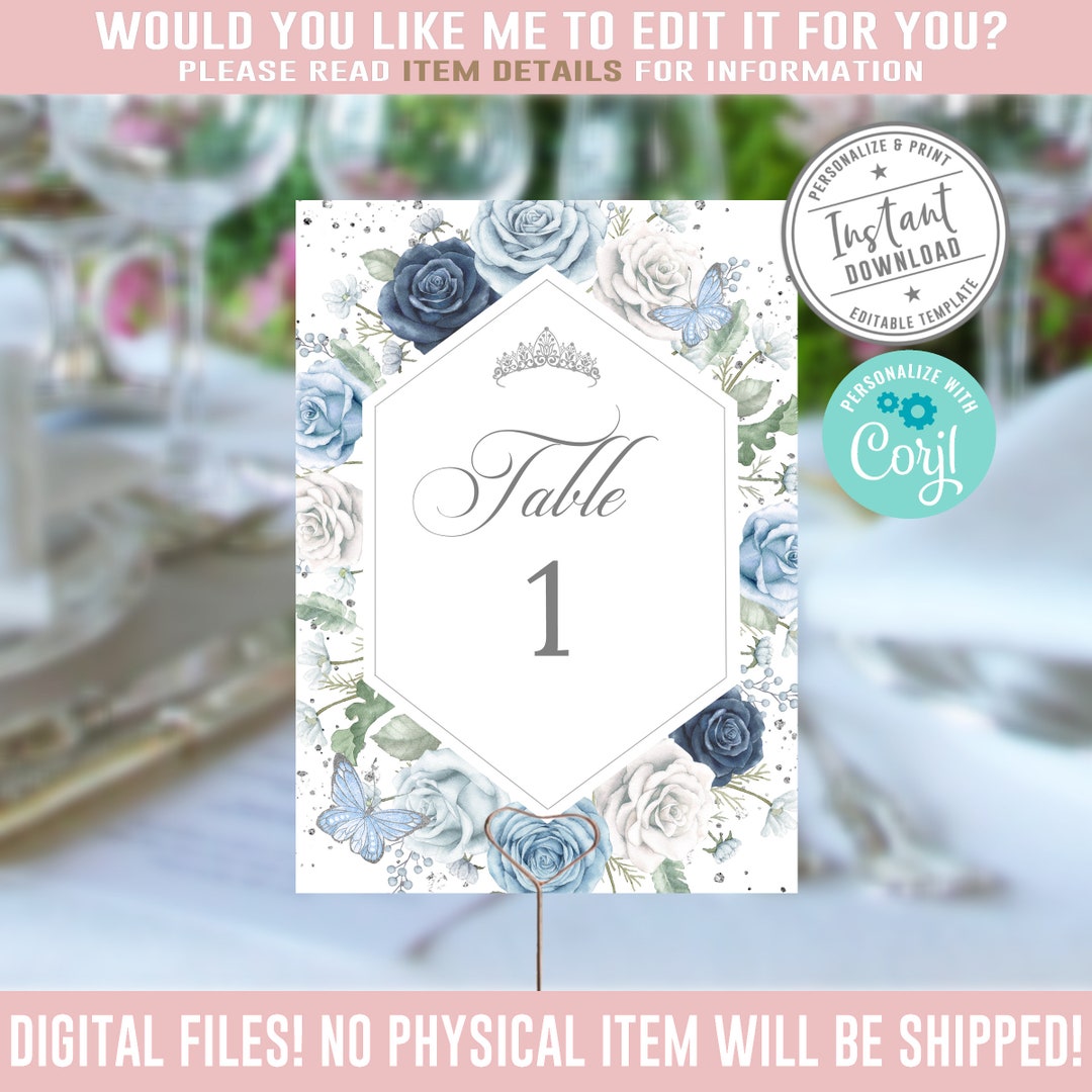 EDITABLE Table Numbers, Quinceanera, Blush Blue Flowers, Butterfly, Mis ...