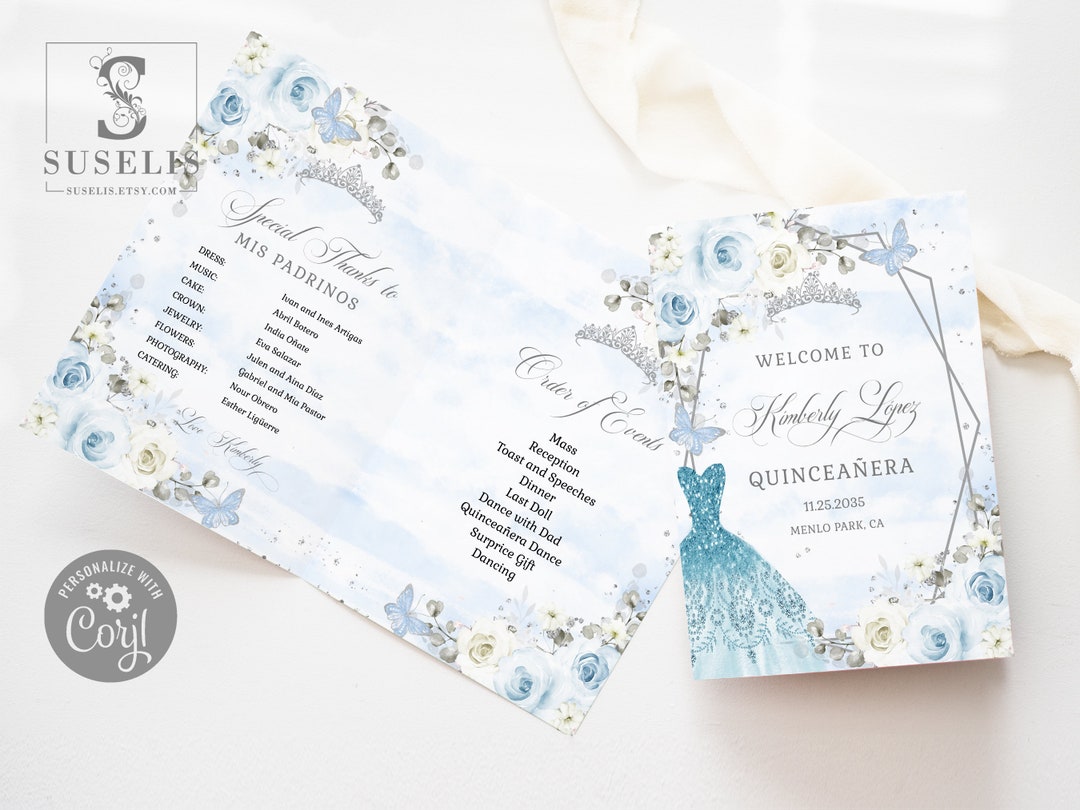 EDITABLE Bi-fold Quinceanera Program Template, Baby Blue Flowers ...