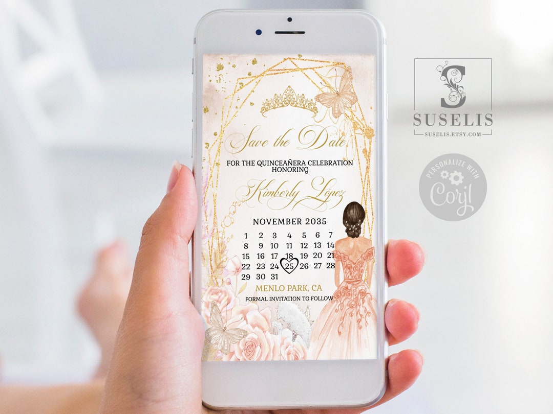 Editable Save the Date Evite, Calendar, Text Invite, Peach Gold Floral ...