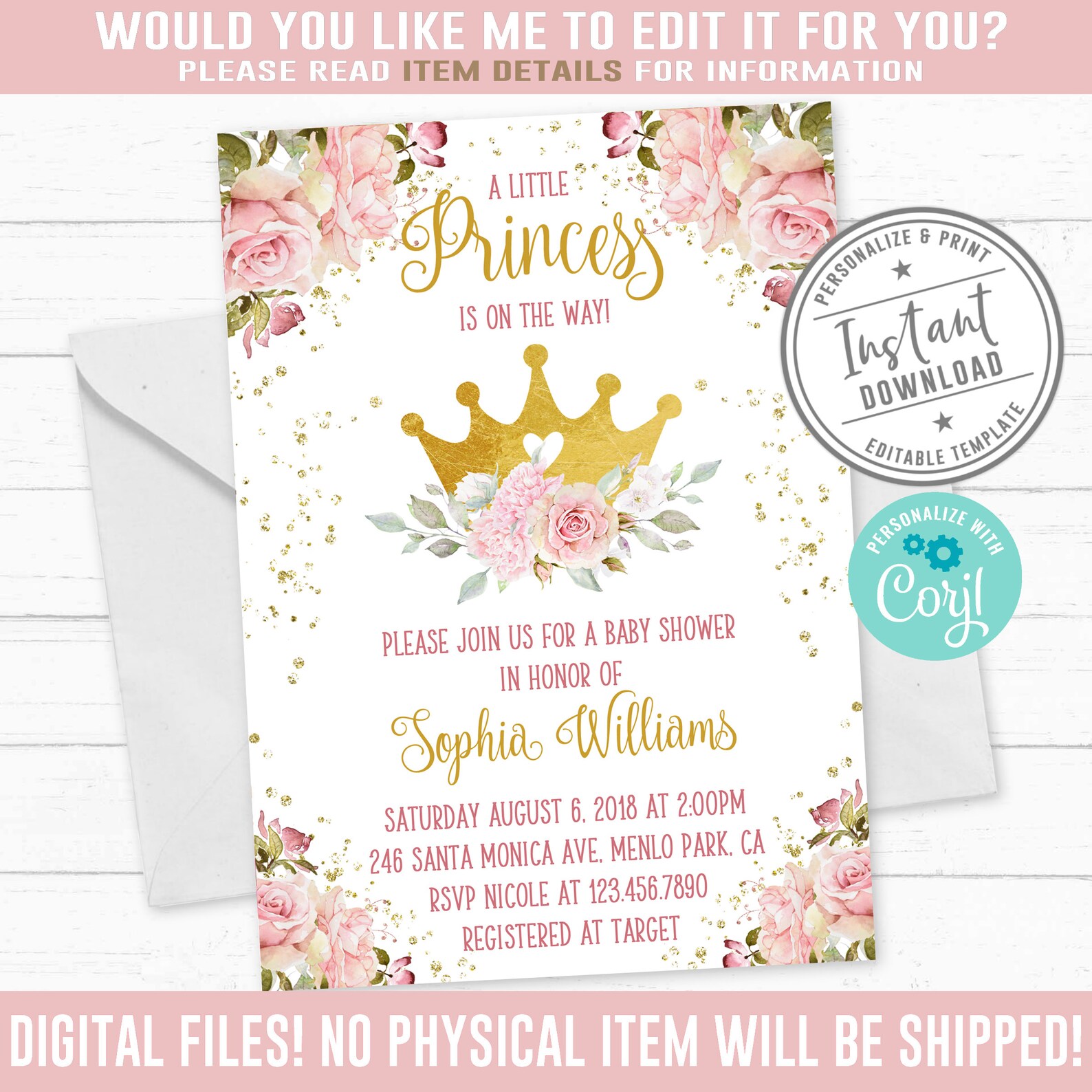 EDITABLE Princess Baby Shower Invitation Bundle, Suite, Pack, Corjl ...