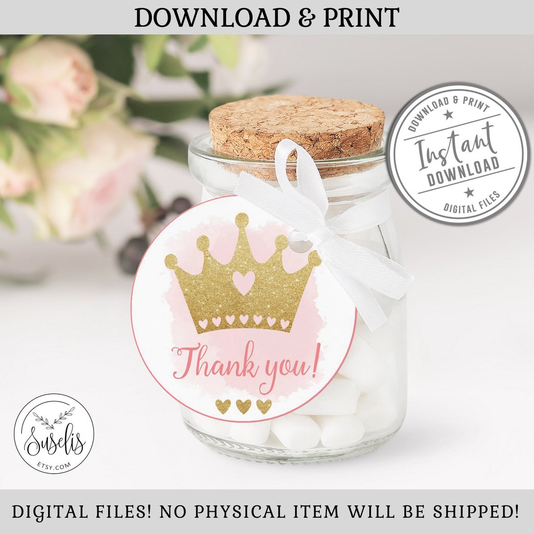 Princess Thank You Tags, Birthday Party, Gold Glitter, Pink, Printable ...