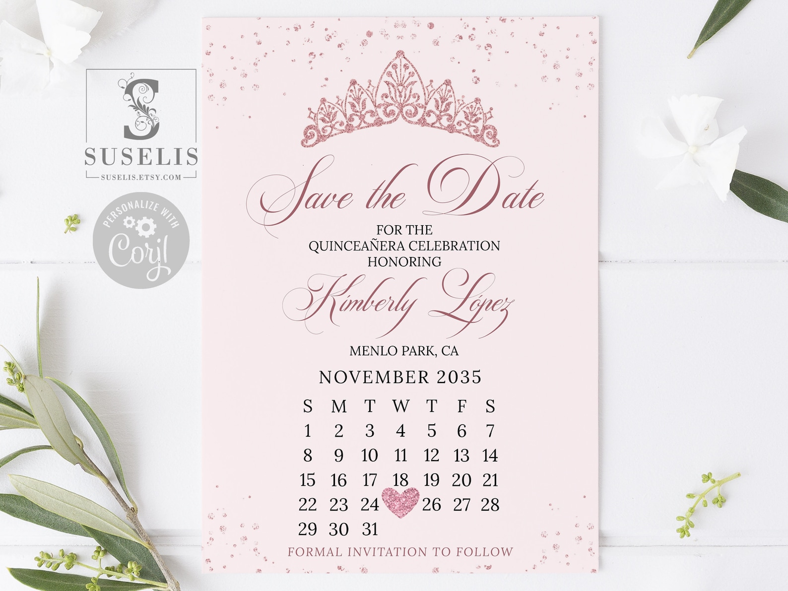 Editable Rose Gold Calendar Save the Date Card Template, Glitter ...