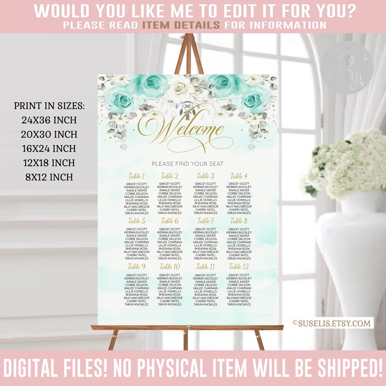 EDITABLE Seating Chart Table Plan Watercolor Robins Egg - Etsy