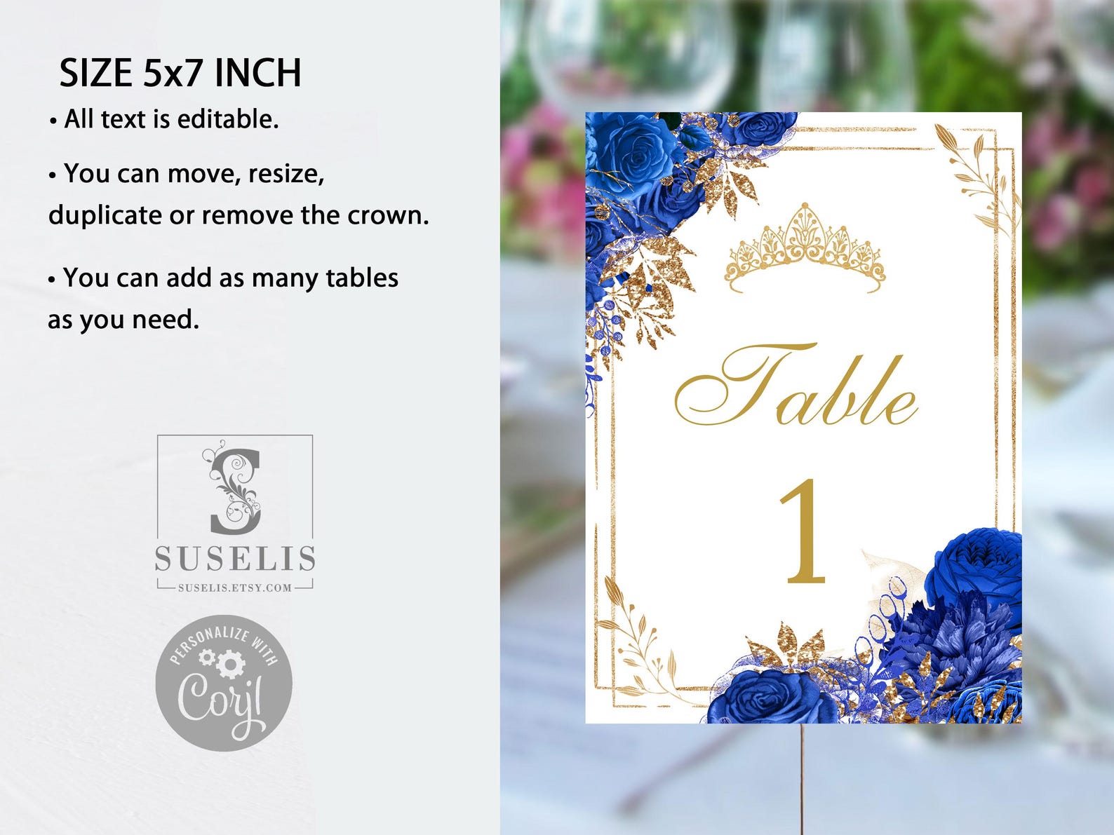 EDITABLE Table Numbers Template, Quinceanera, Royal Blue Flowers, Mis ...