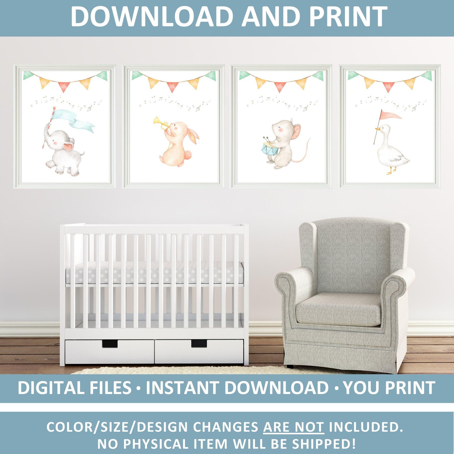 Printable, Little Parade Animals, Set of 4 Prints, Neutral Nursery Sign ...