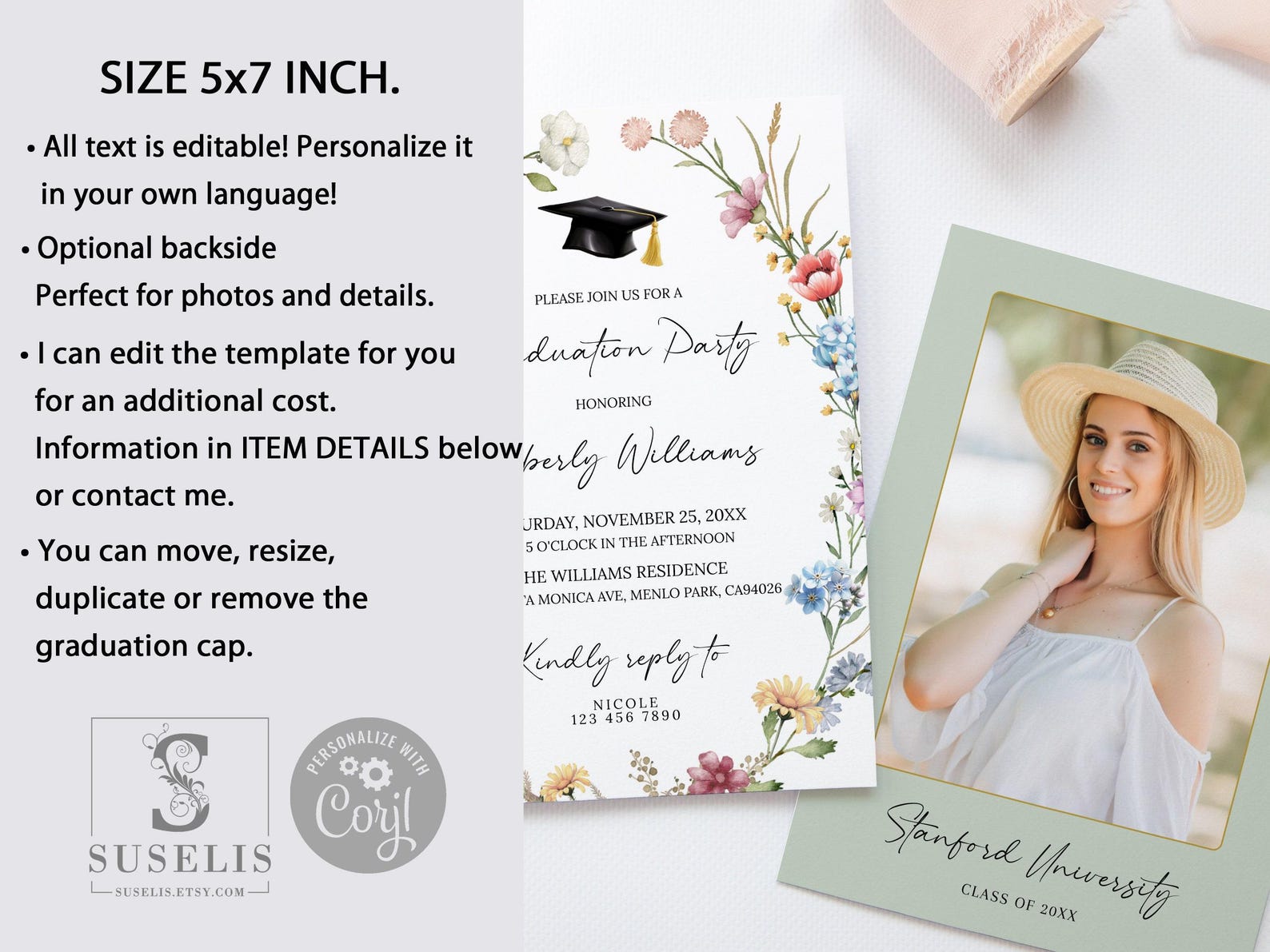 EDITABLE Template Wildflower Graduation Party Invitation, Photo Invite ...