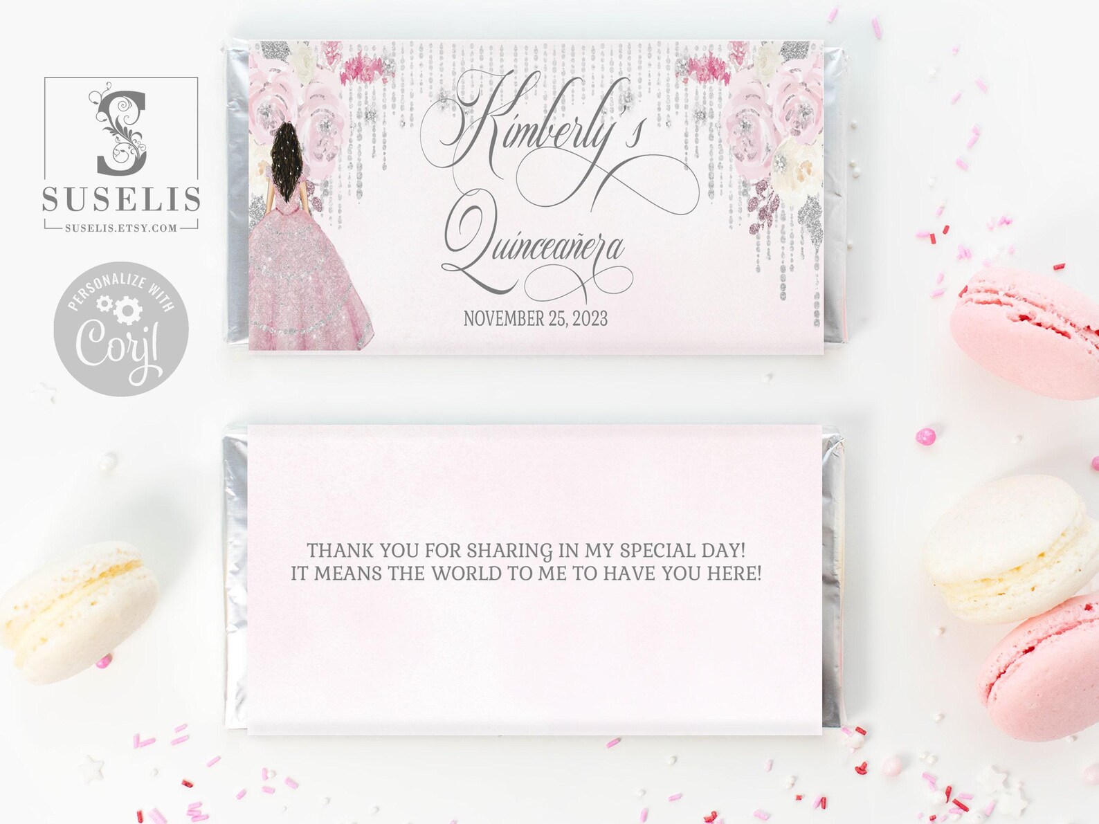 EDITABLE Quinceañera Chocolate Wrapper, Blush Flowers, Candy Bar, Mis ...