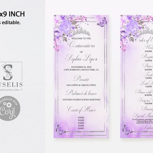EDITABLE Program Template, Purple Flowers, Butterfly, Quinceañera ...