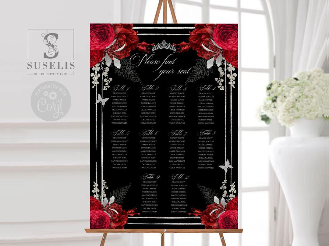 EDITABLE Seating Chart Template, Table Plan, Silver Ruby Red Floral ...