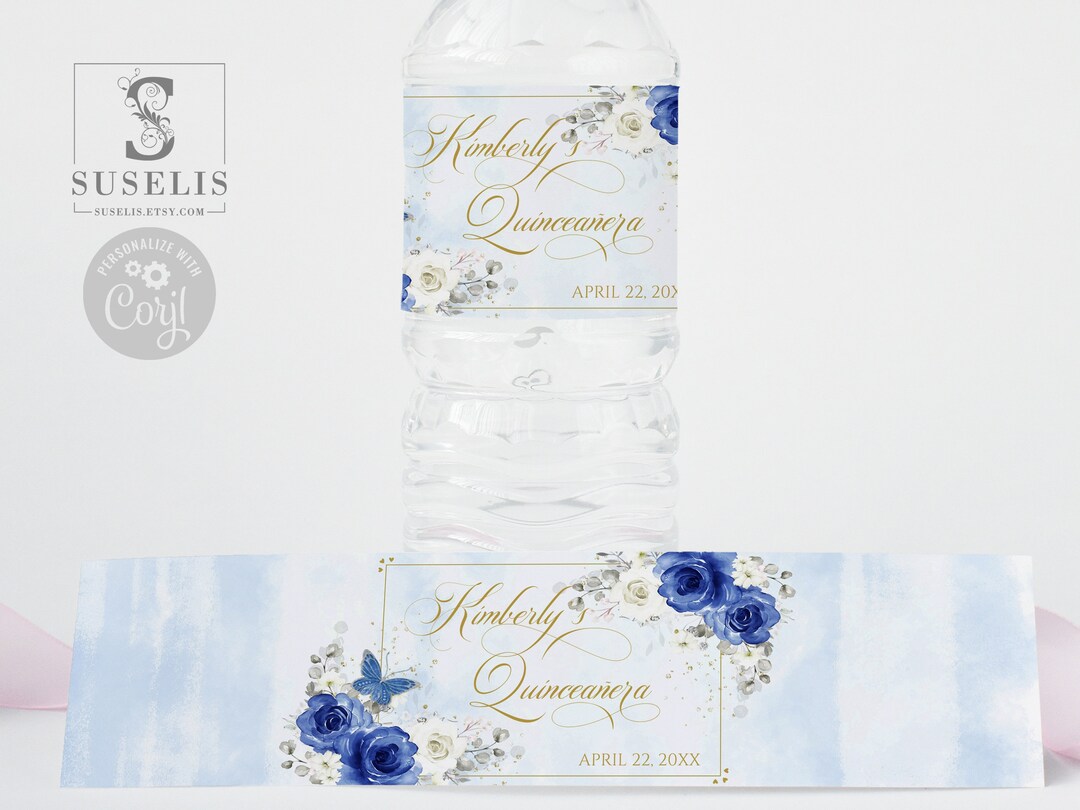 EDITABLE Template Navy Blue Water Bottle Label, Navy Blue Flowers ...