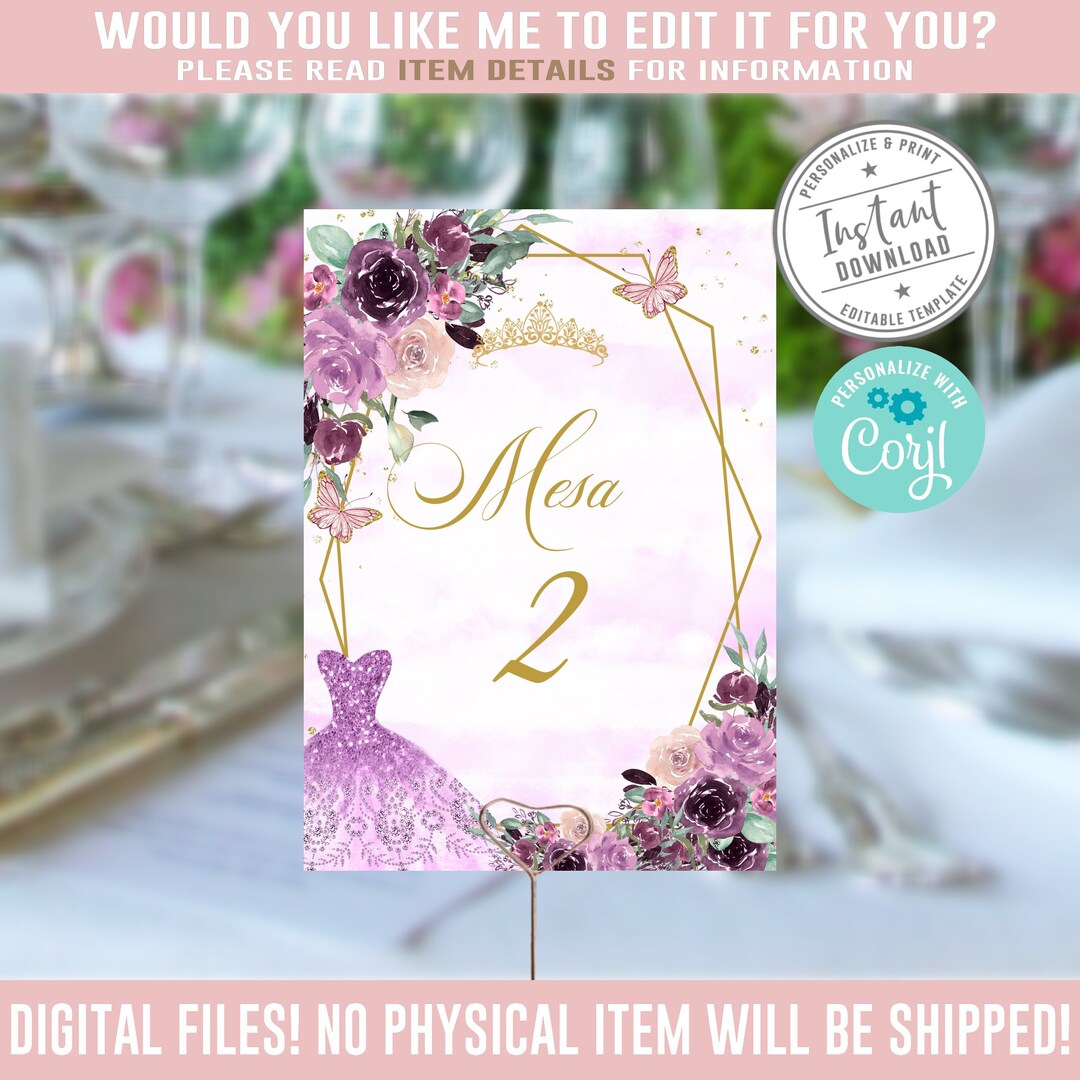 EDITABLE Table Numbers, Quinceanera, Purple Pink Flowers, Butterfly ...