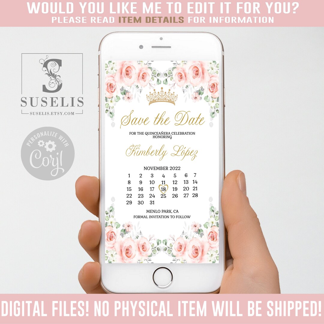 Editable Save the Date Calendar Evite, Text Invite, Blush Pink Flowers ...