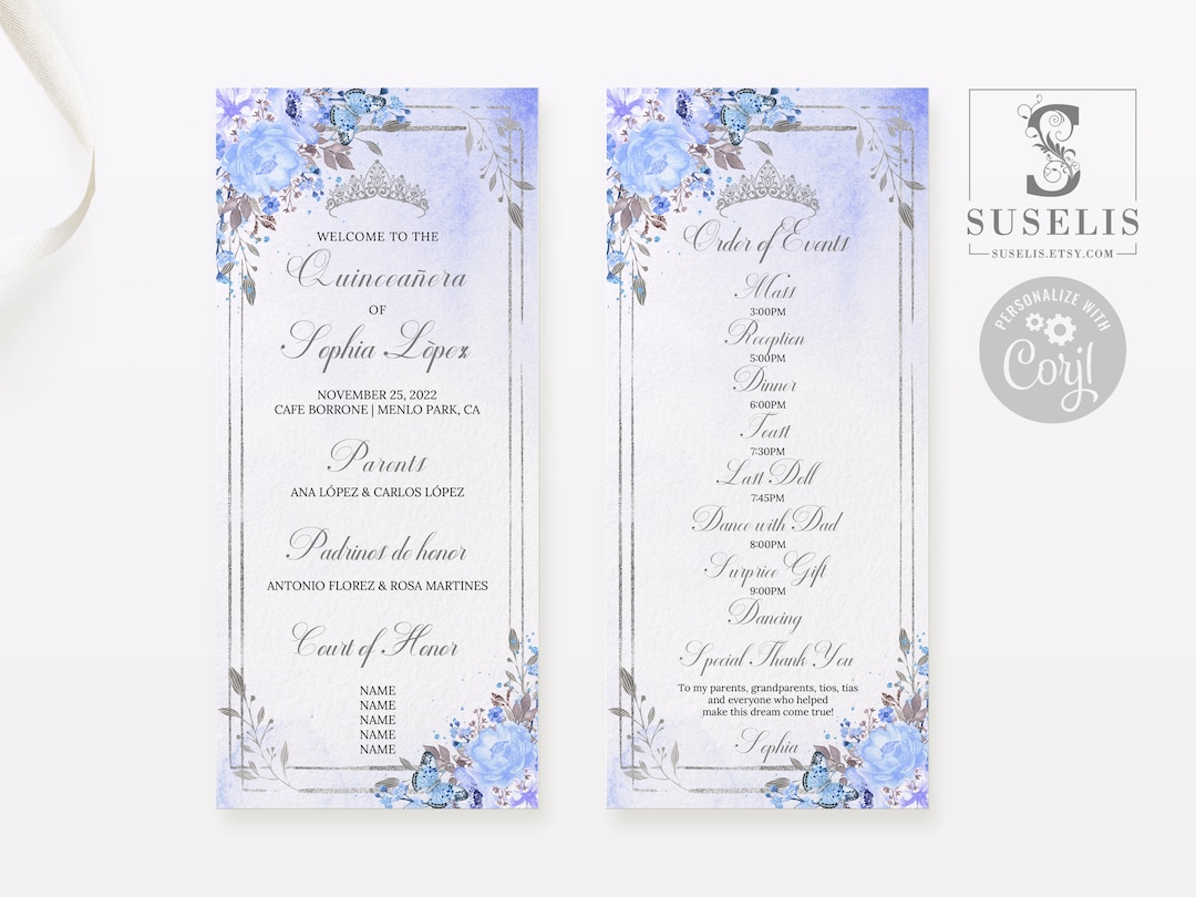 EDITABLE Program Template, Blue Flowers, Butterfly, Quinceañera, Sweet ...