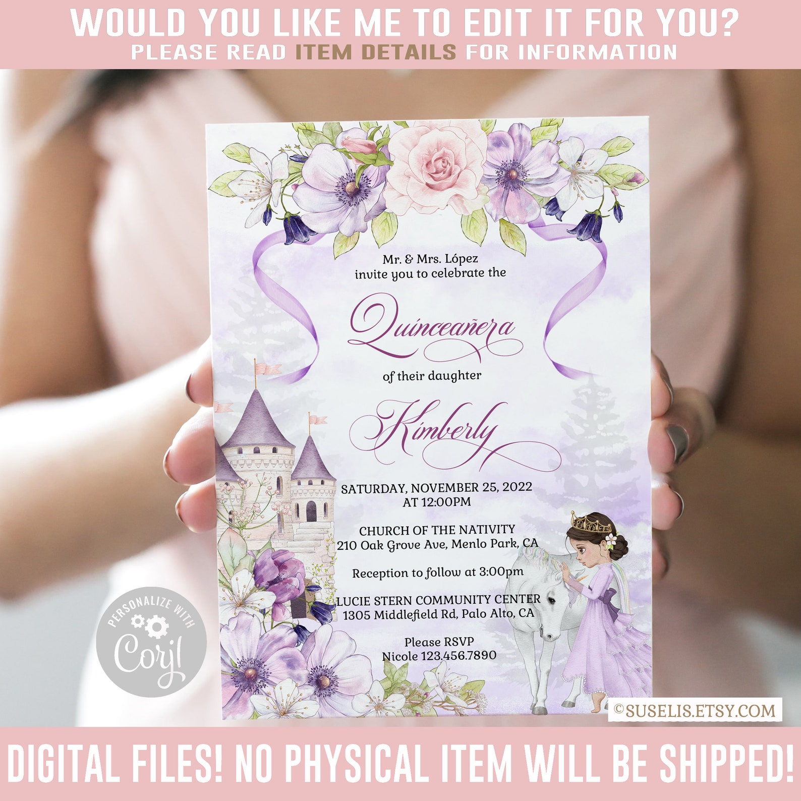 EDITABLE Princess Quinceanera Invitation & Back Corjl - Etsy