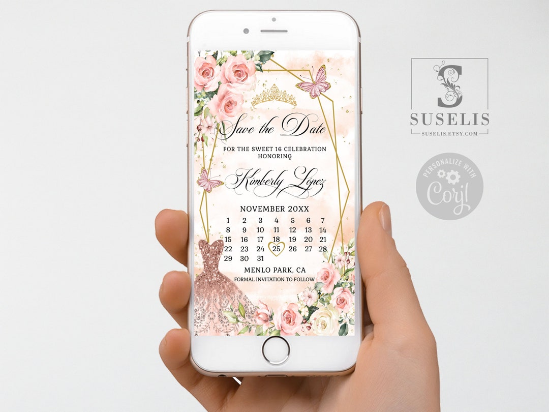 Editable Template Calendar Save the Date Evite, Text Invite, Blush Pink ...
