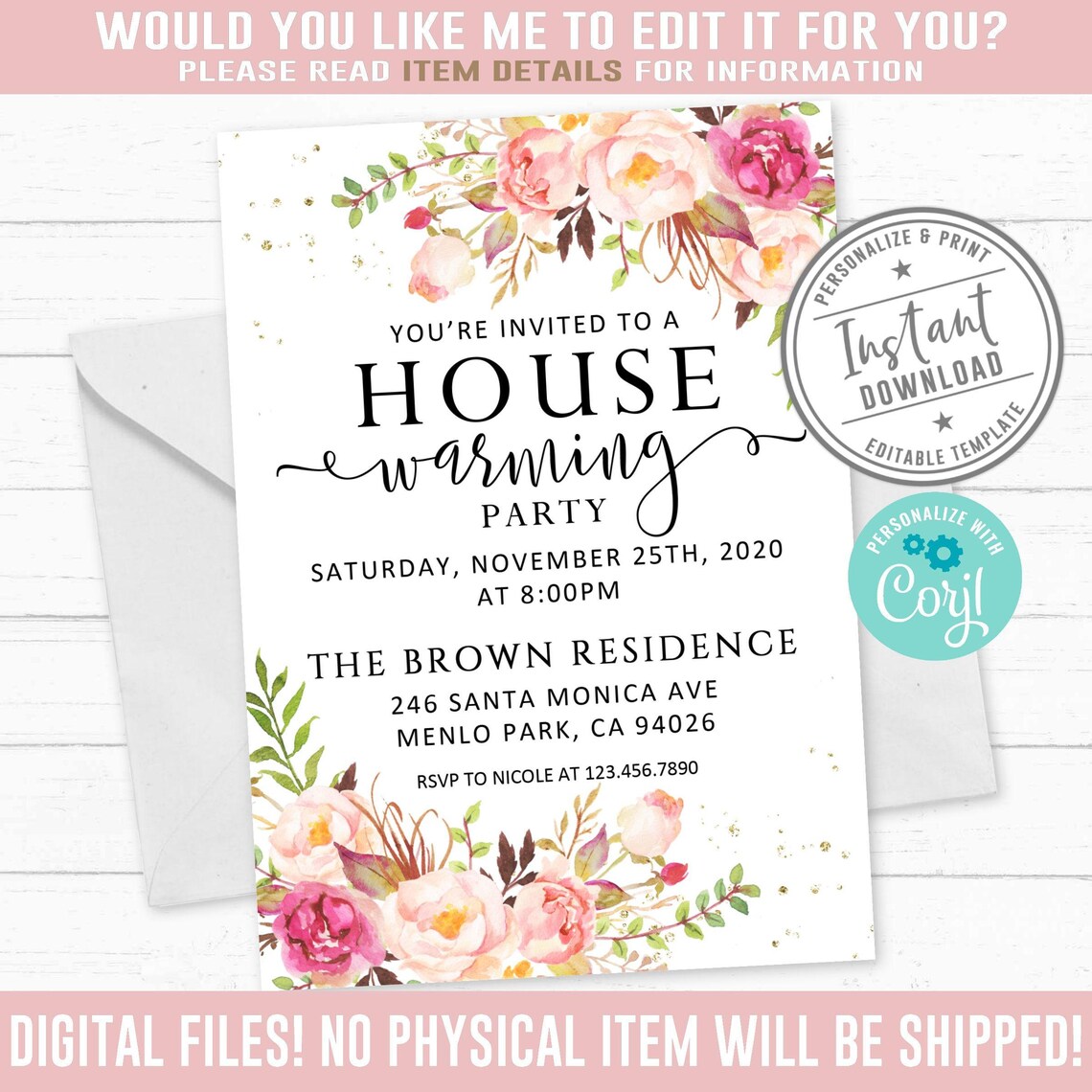 EDITABLE House Warming Party Invitation Template, Watercolor Blush Pink ...