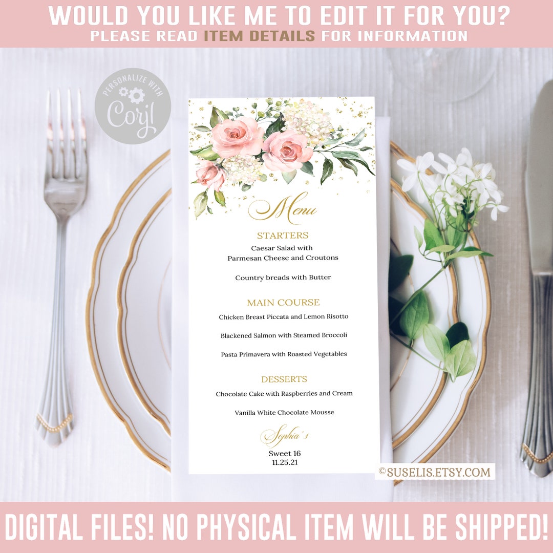 EDITABLE Menu Sweet 16 Watercolor Blush Pink Theme Mis - Etsy España