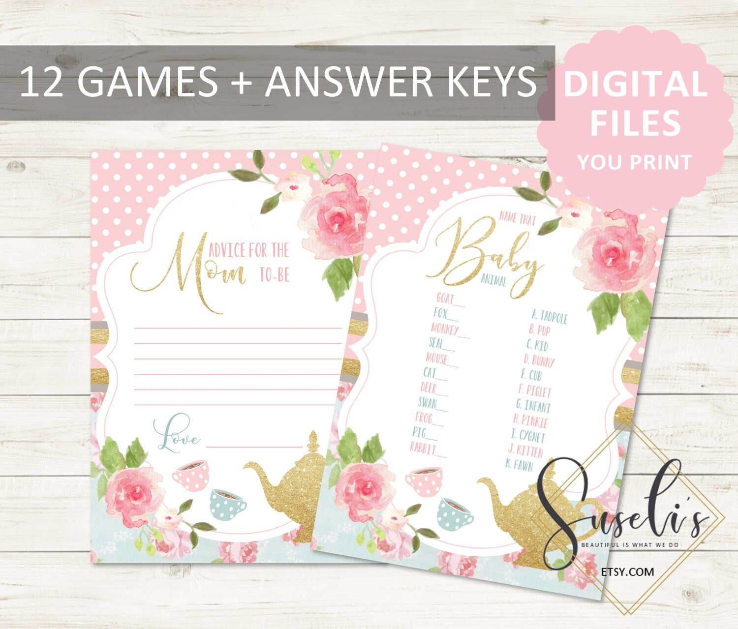Printable Baby Shower Game Bundle 12 Games Tea Party Theme | Etsy