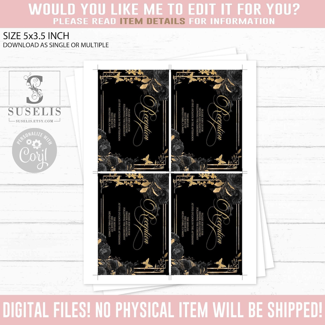 Editable Reception Card, Template, Black Roses Flowers, Insert Card ...