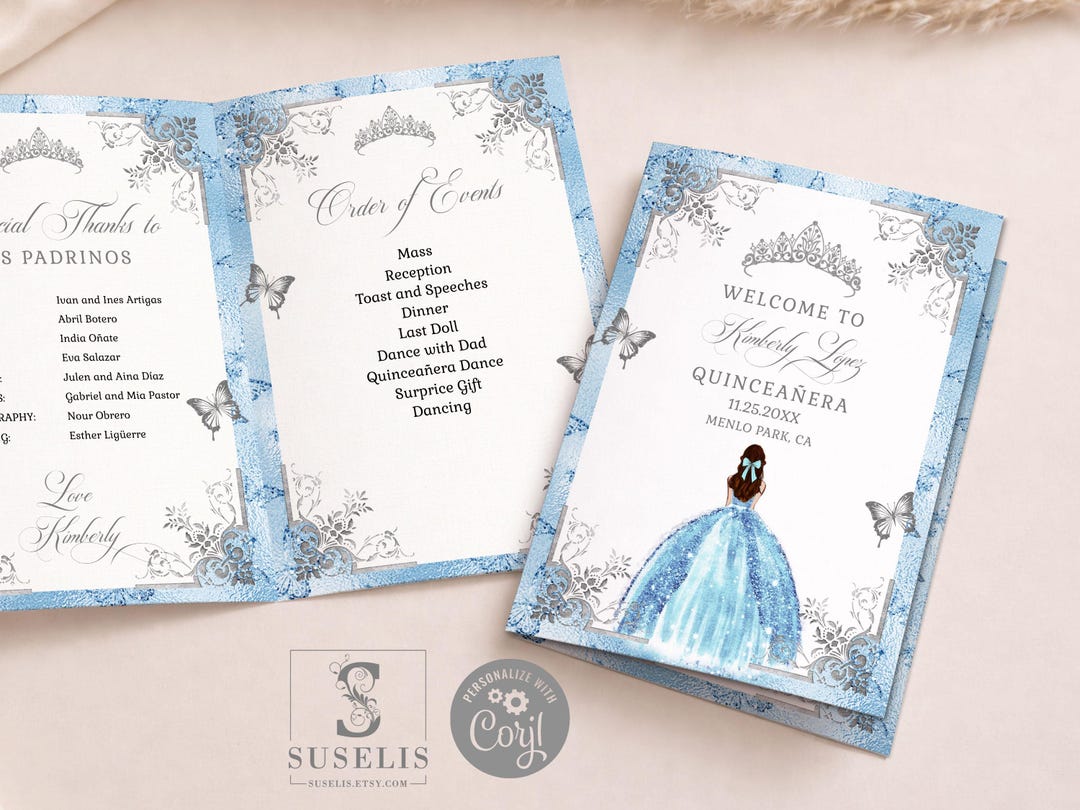 EDITABLE Bi-fold Quinceanera Program Template, Baby Blue Flowers ...