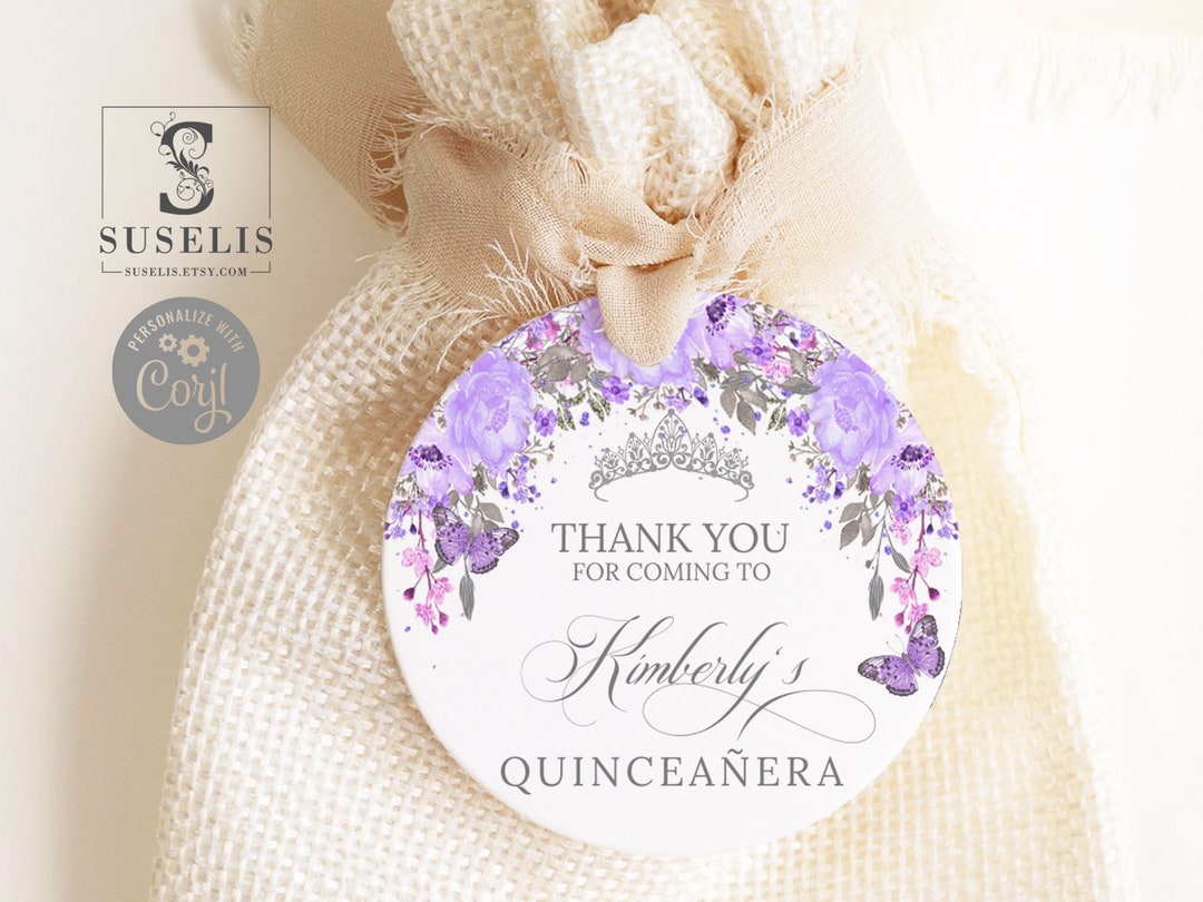 Editable Template Quinceanera Tag, Silver Purple Flowers, Thank You ...