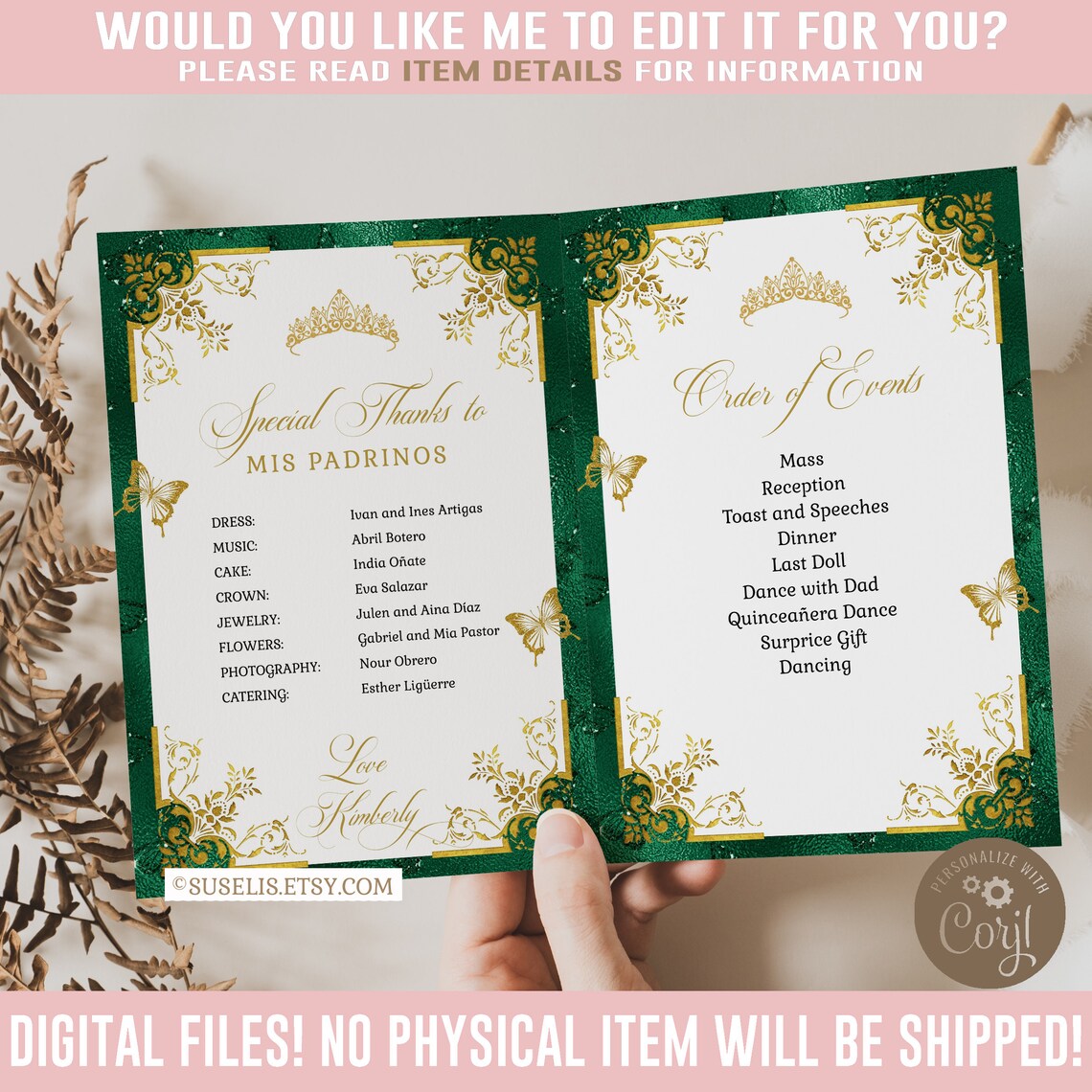 EDITABLE Bi-fold Quinceanera Program Emerald Green Floral - Etsy