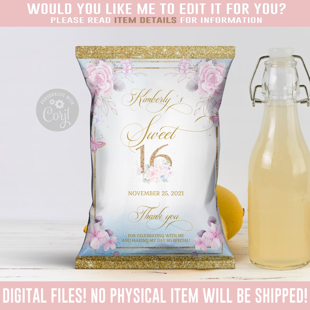 EDITABLE Sweet 16 Chip Bag Wrapper, Gold Blush Pink Floral, Candy Bag ...
