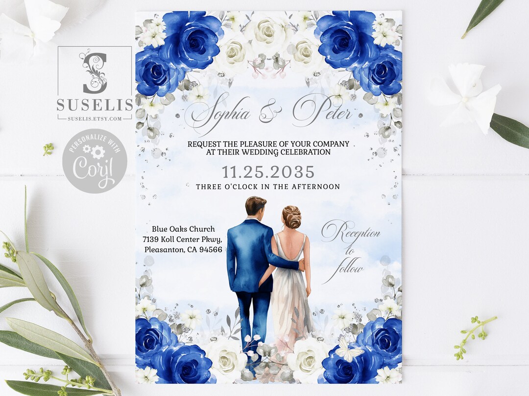 EDITABLE Wedding Invitation Template, Royal Blue Flowers Roses, Wedding ...
