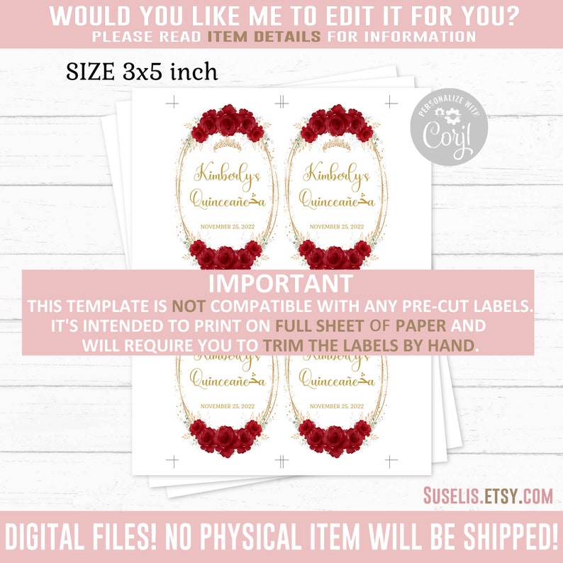 EDITABLE Wine Bottle Labels Ruby Red Flowers Quinceanera - Etsy
