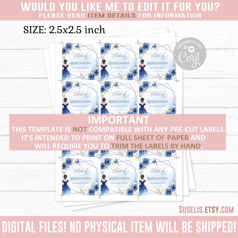Editable Quinceañera Square Tags, Blue Flowers, Candle Tag, Mis Quince ...