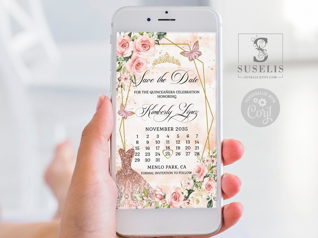 Editable Calendar Save the Date Evite Template, Blush Pink Flowers ...