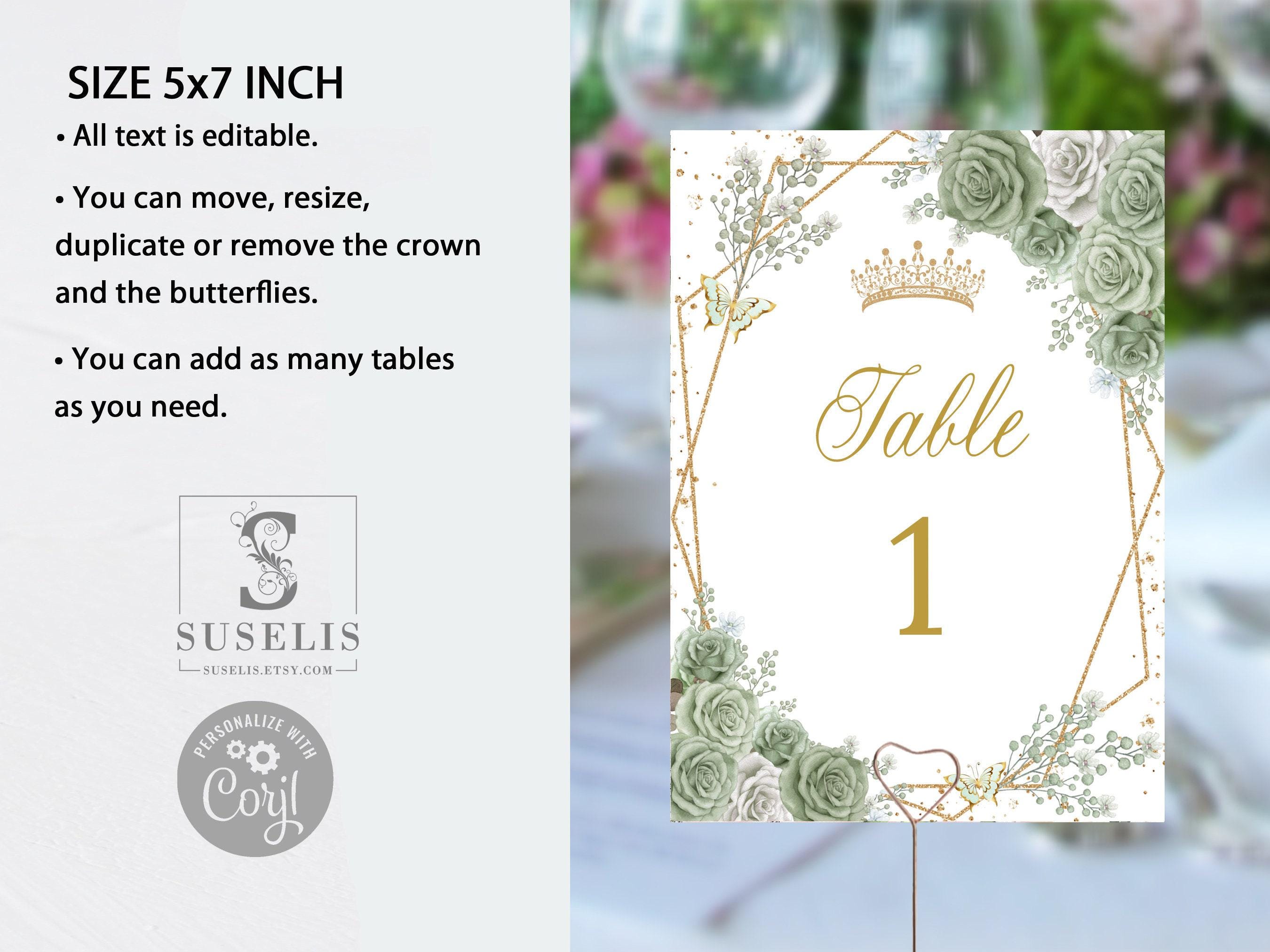 EDITABLE Template Table Numbers, Quinceanera, Sage Green Flowers ...