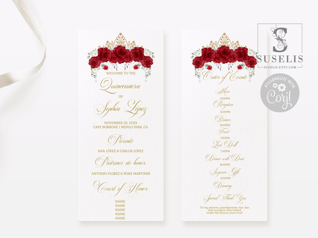 EDITABLE Program Template Ruby Red Flowers Quinceañera - Etsy