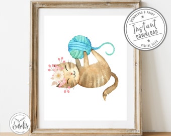 Printable Cat Print Animal Nursery Sign Watercolor Kitten | Etsy