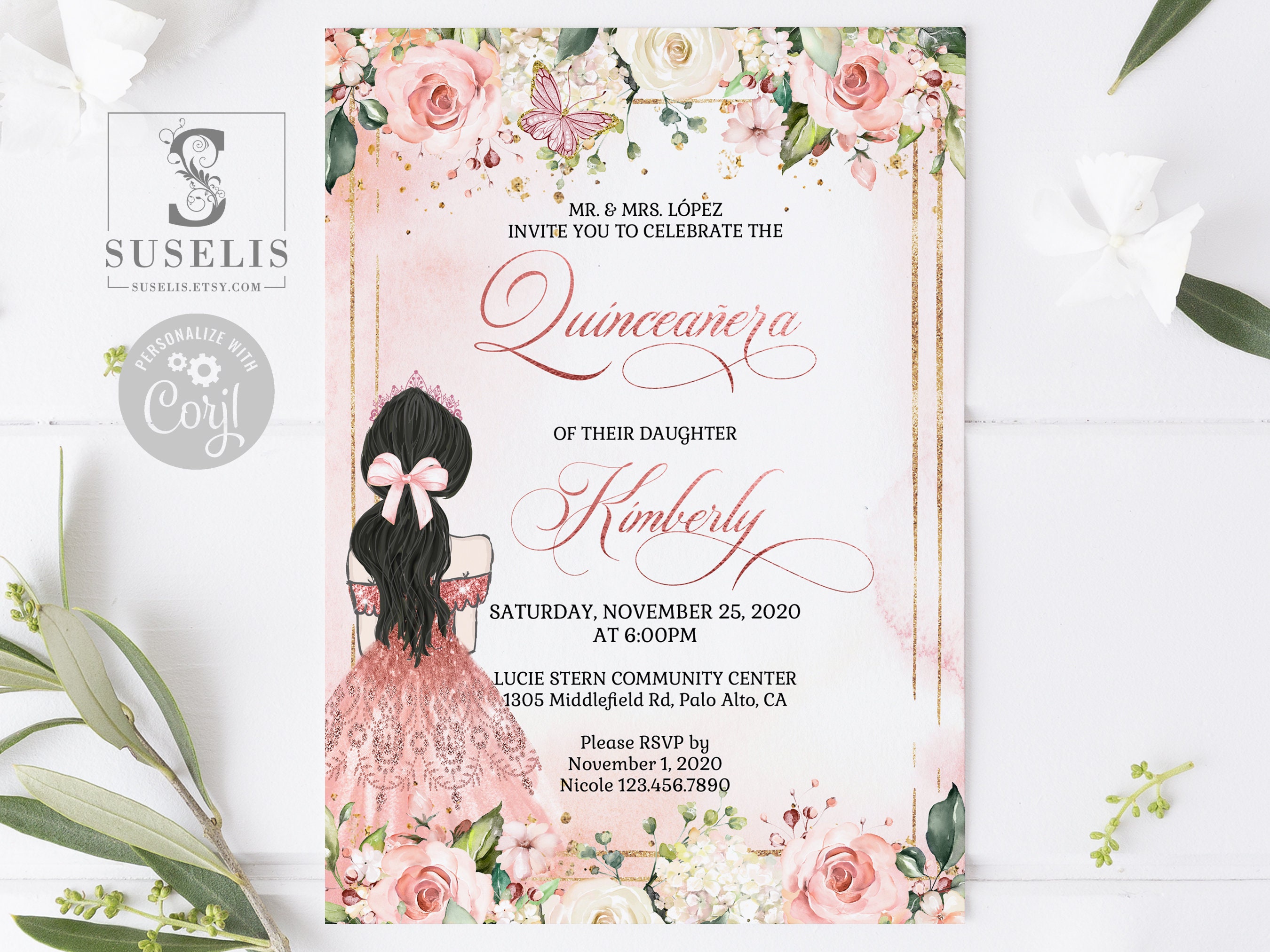 Invitación de Quinceañera EDITABLE Rosa Rubor Flores de Oro - Etsy México