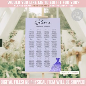 EDITABLE Seating Chart, Table Plan, Watercolor Purple Dress Theme, Edit ...