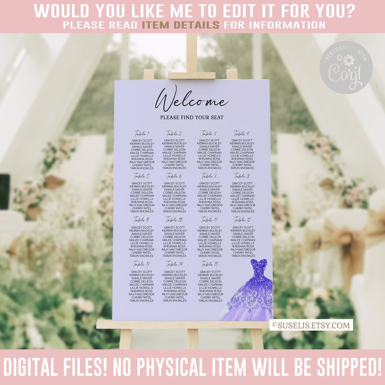 EDITABLE Seating Chart Table Plan Watercolor Purple Dress - Etsy