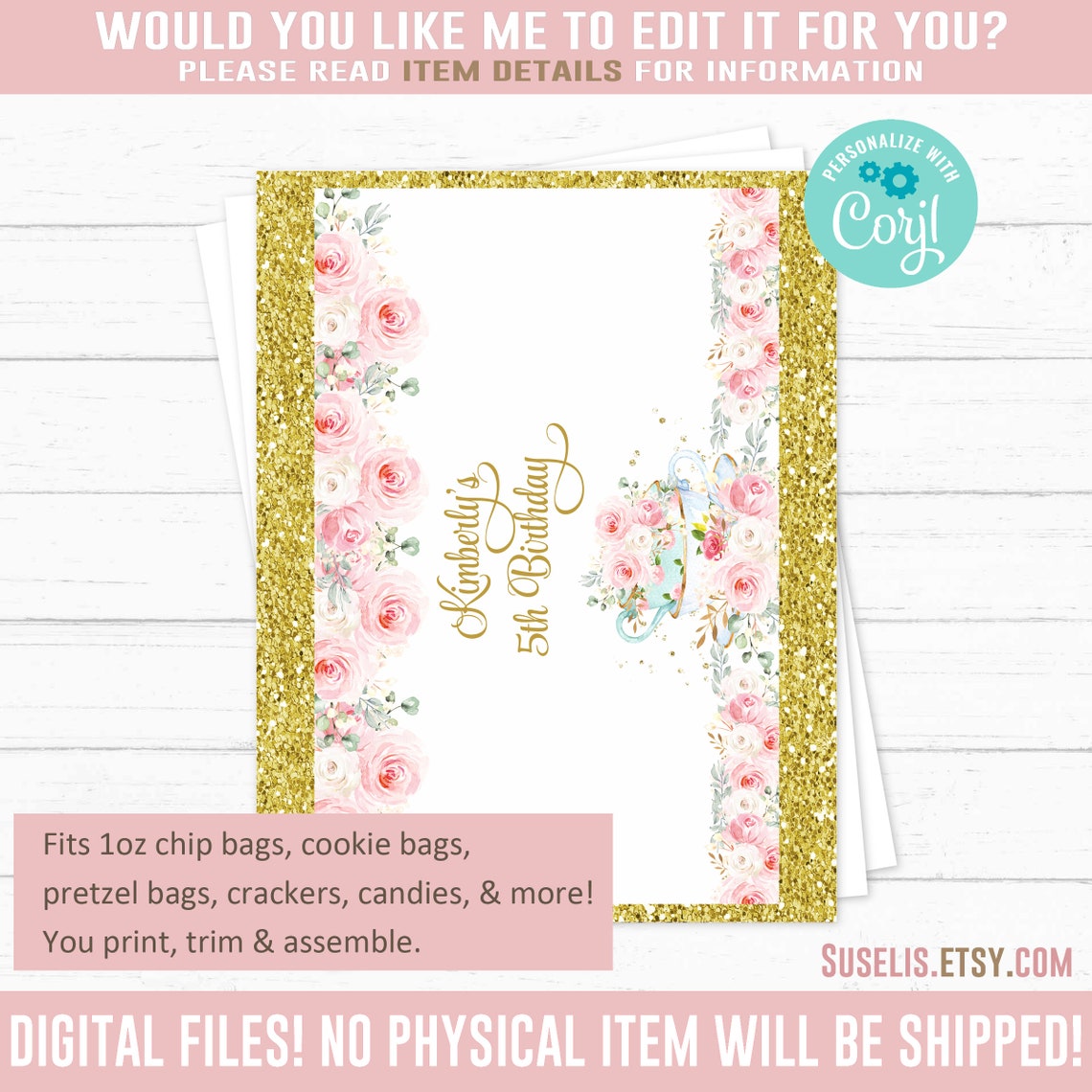 EDITABLE Tea Party Birthday Chip Bag Corjl Template Pink - Etsy