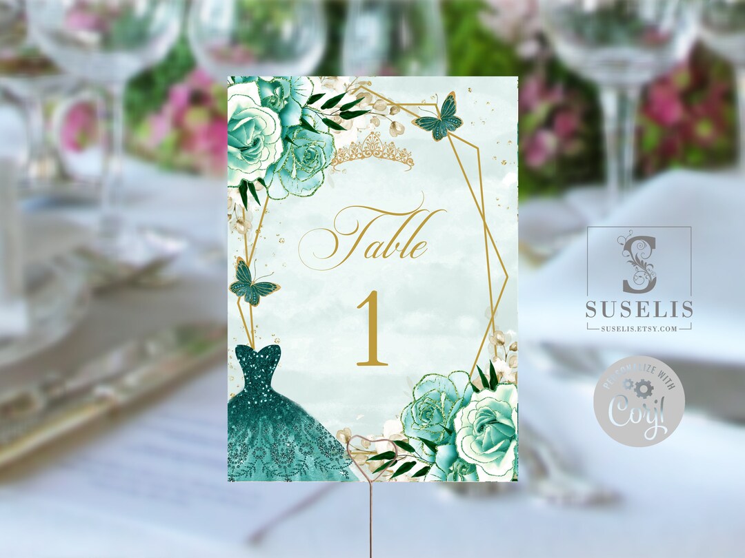 EDITABLE Table Numbers Template, Quinceanera, Teal Flowers, Butterfly ...